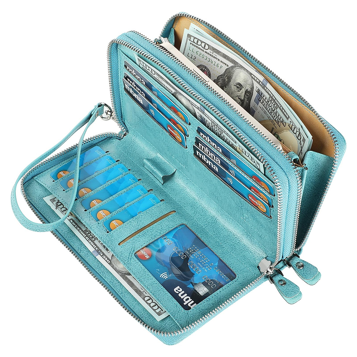 Lavemi Women's 100% Leather Double Zipper Large Capacity RFID Blocking Phone Holder Clutch Travel Purse with Wristlet Strap(Double Zipper Light Green)