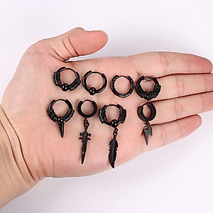 SAILIMUE 8Pairs Surgical Stainless Steel Huggie Hoop Earrings For Men Women Hypoallergenic Punk Hip Hop Cool Goth Earrings Black Silver Vintage Feather Drop Dangle Earrings Set