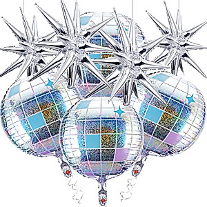 8 Pcs Disco Ball Ballons, Silver Last Disco Balloons 22Inch 4D Large Foil Balloons with Metallic Star for 70s Disco Dance Birthday Party Graduation New Year Decoration