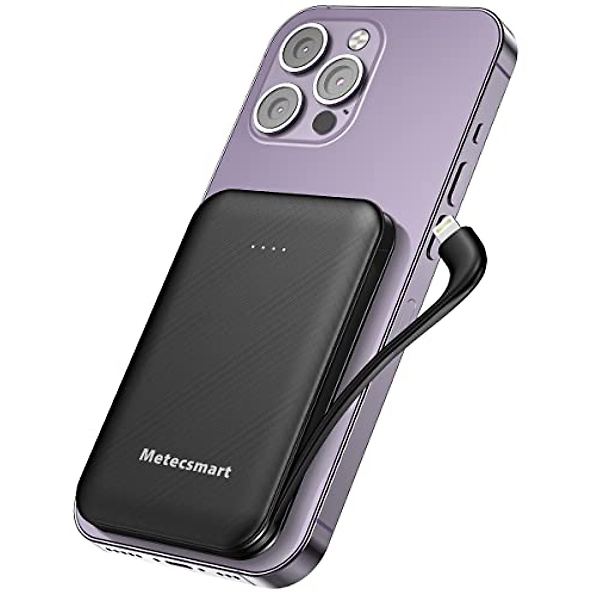 Metecsmart 4500mAh Small Portable Phone Charger, Mini Power Bank Fast Charging, Three Output Type C Input External Battery Pack, Built in a Cable Compatible with iPhone and iPad