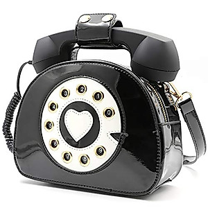 QiMing Retro dial telephone Crossbody Shoulder Bag,Pu Movable microphone Purse for Women(Black)