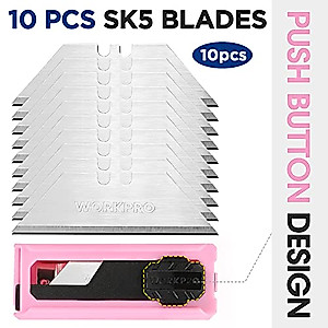 WORKPRO Folding Utility Knife, Quick Change SK5 Pink Box Cutter, Aluminum Handle Razor Knife for Boxes, Cartons, Cardboard, 10 Extra Blades Included - Pink Ribbon