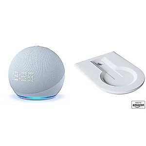 All-new Echo Dot (5th Gen, 2022 release) with clock Bundle. Includes Echo Dot (5th Gen, 2022 release) with clock | Cloud Blue & the Made For Amazon Wall Mount | White