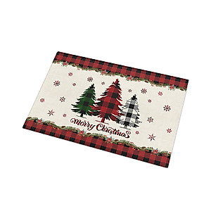Indoor Doormat Xmas Tree Winter Snow,Shaggy Floor Mat with Non-Skid Backing Pine Cones Red Black Buffalo Check,Machine Washable Plush Area Rug Carpets for Kitchen Nursery Bedroom 16x24in
