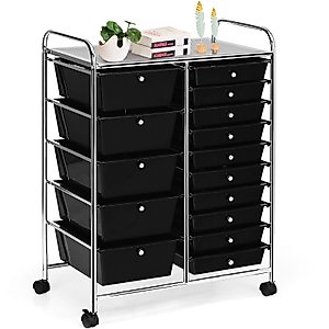 MEDIMALL 15 Drawers Rolling Storage Cart, Multipurpose Craft Storage Cart with Wheels, Mobile Tools Scrapbook Paper Organizer Cart for School Home Office Use (Black)