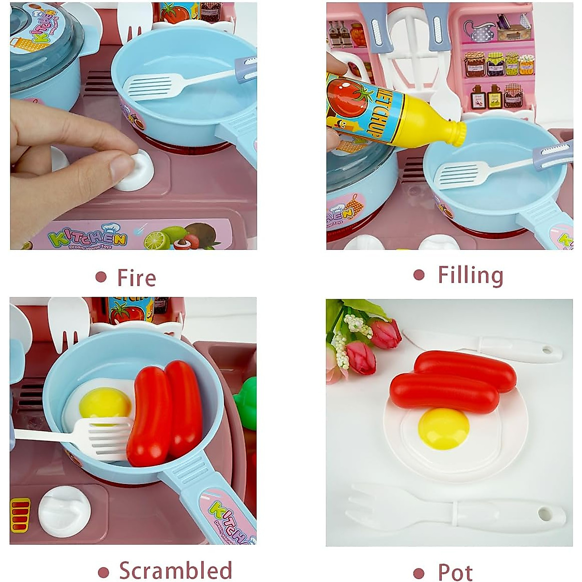 Kitchen Toys Imitated Chef Light Music Pretend Cooking Food Play Set Children Girl Toy Gift Fun Game Toy Kitchen Sink with Running Water and Electronic Induction Stove (blue kitchen and more food)