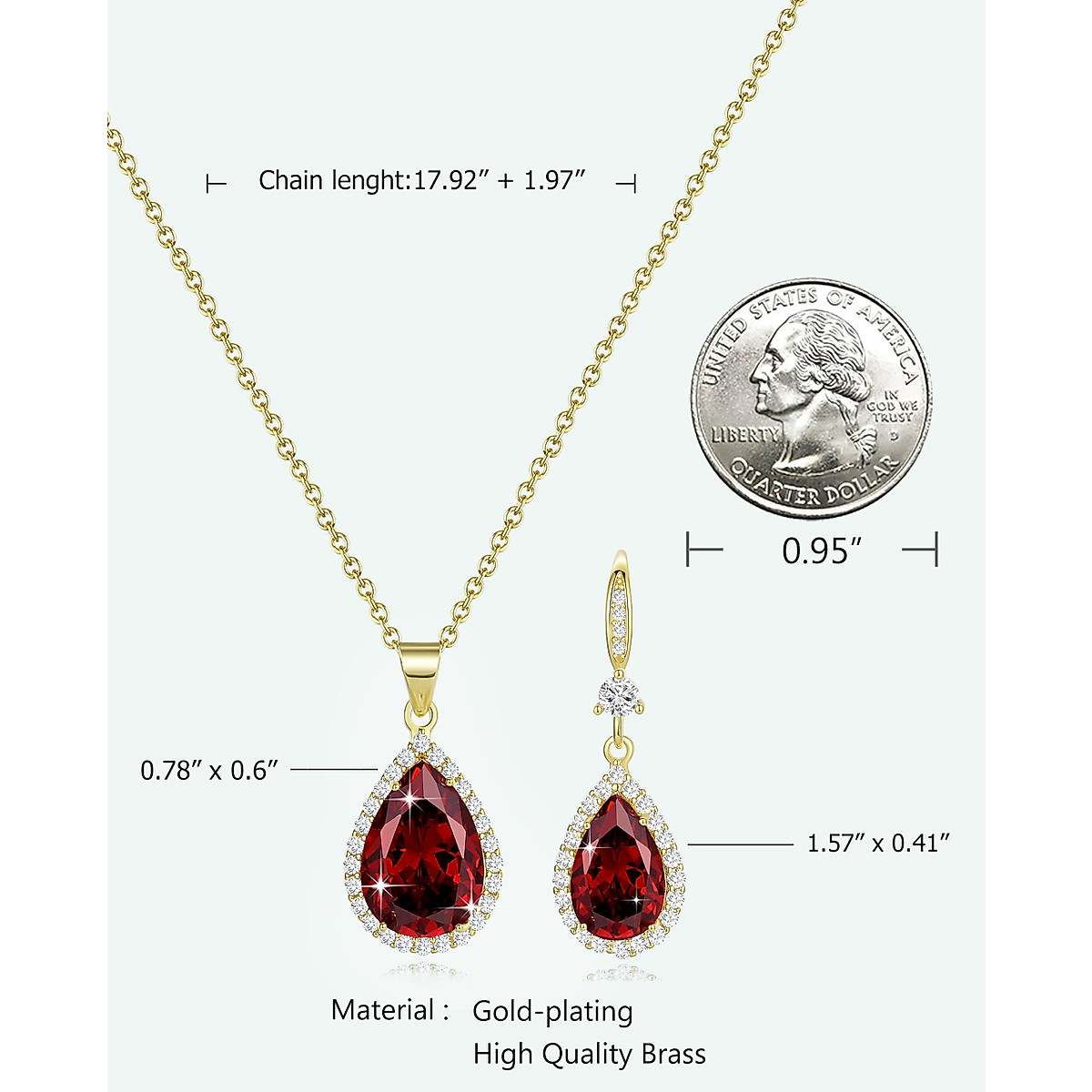 Women Jewelry Set Silver/Gold Plated Teardrop Pendant Necklace Dangle Drop Earrings Dangling Sets Birthstone Crystals Rhinestone,Birthday Anniversary Wedding Mother’s Day Gifts for Women Yellow Gold Plated Garnet
