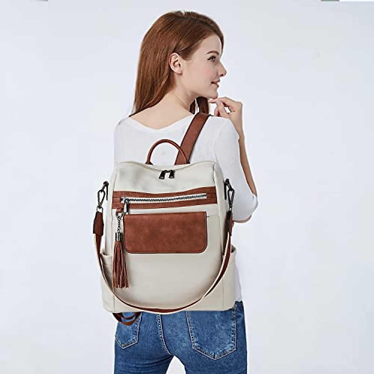 CASEEK Womens Backpack Purse Leather: Fashion Convertible Ladies Shoulder Bag Waterproof Anti theft with Wristlet (Beige With Brown)