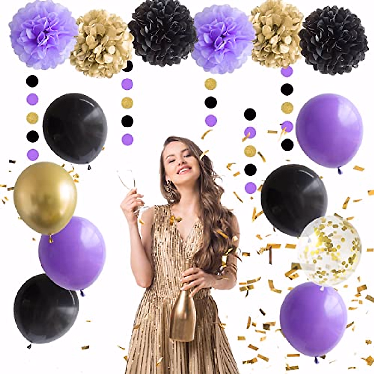 ANSOMO Black Purple and Gold Happy Birthday Party Decorations Balloons Décor Supplies Women Men Boys Girls 16th 20th 25th 30th 35th 40th 45th 50th 60th 70th