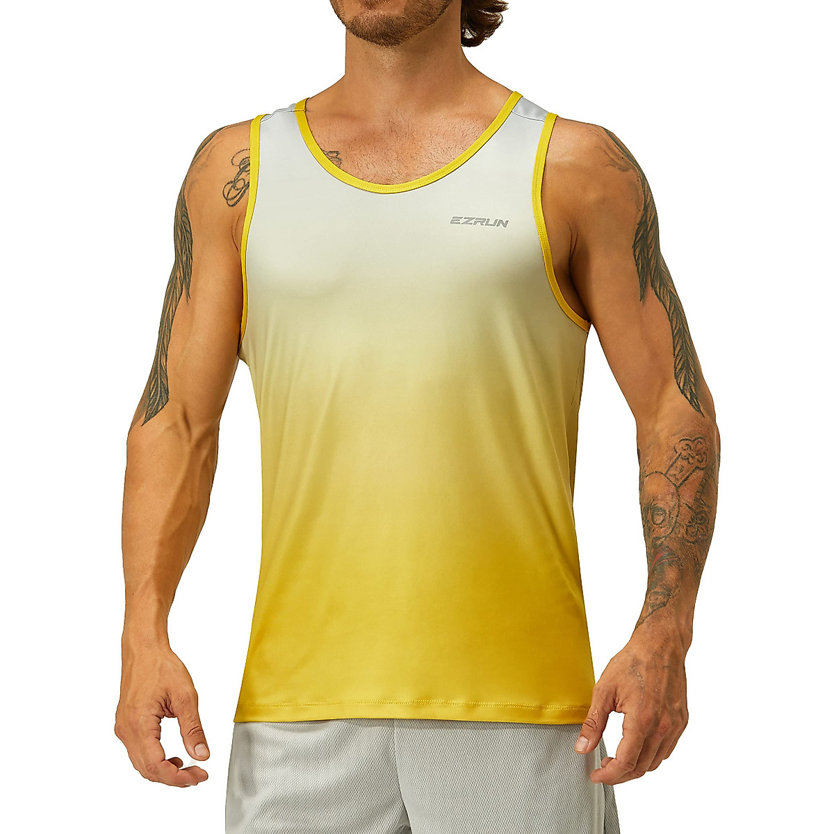 EZRUN Men's Quick Dry Workout Tank Top Swim Beach Shirts for Gym Athletic Running Muscle Sleeveless Shirts(YellowGradient,l)