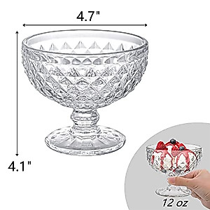 ZOOFOX Set of 6 Glass Dessert Bowls, 12 Oz Glass Ice Cream Sundae Cups with Vintage Diamond Pattern, Footed Dessert Bowl Set for Sundae, Ice Cream, Smoothie, Fruit, Salad, Yogurt, Trifle