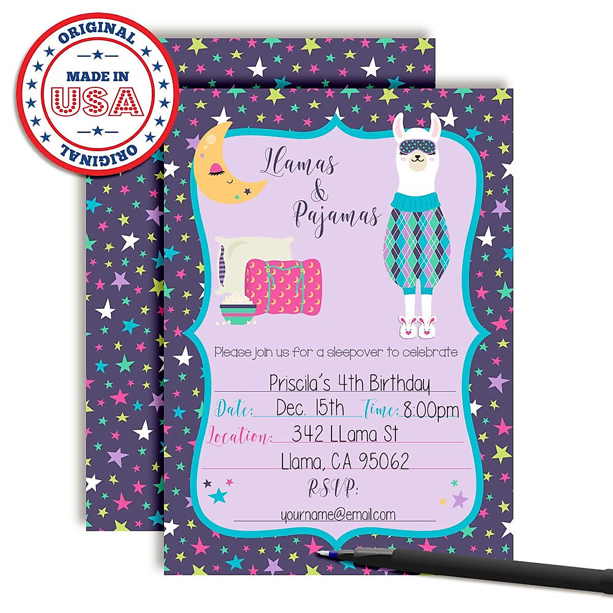 Llamas and Pajamas Slumber Party Sleepover Birthday Party Invitations, 20 5x7 Fill In Cards with Twenty White Envelopes by AmandaCreation