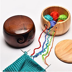 Wooden Yarn Bowl,Yarn Bowls with Lid for Knitting Crochet Yarn Ball Holder Handmade Yarn Storage Bowl for DIY Knitting Crocheting Crochet Kit Organizer Accessories with 12 Crochet Hooks (Dark Wood)