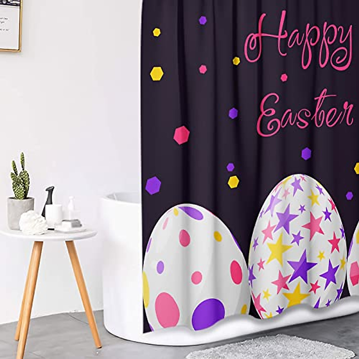 Tayney Easter Eggs Shower Curtain Sets with Toilet Lid Cover and Non-Slip Rugs, Geometric Stars on Background 4 Pcs Shower Curtains for Bathroom, Cute Cartoon Easter Bathroom Decor
