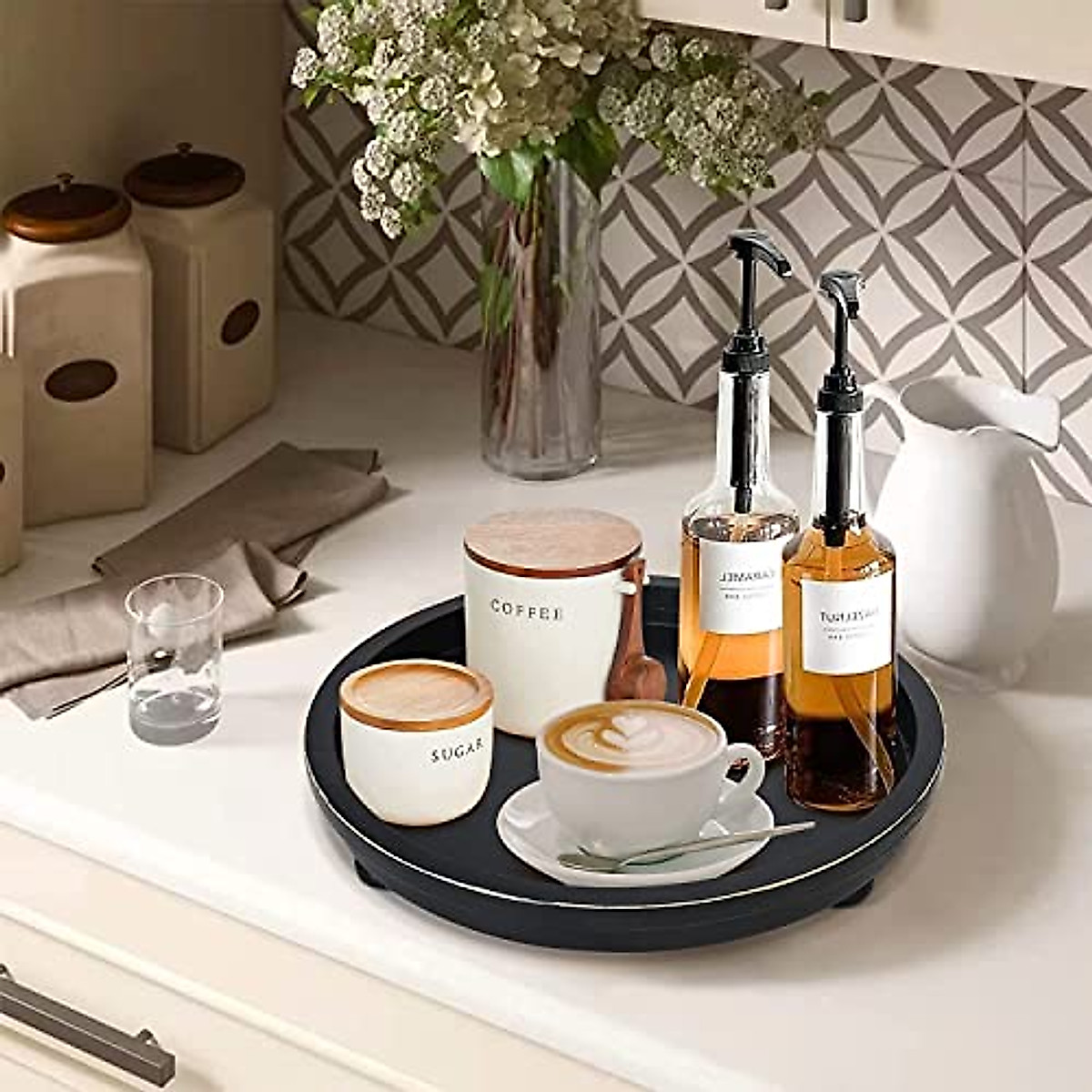 Unistyle Rustic Black Round Wood Tray, 12"