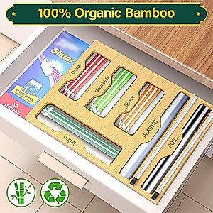 KOCWELL Ziplock Bag Organizer and Plastic Wrap Dispenser with Cutter, 6 In 1 Bamboo Foil and Plastic Wrap Organizer for Kitchen Drawer, Food Storage Bag Organizer for Gallon,Quart,Sandwich,Snack