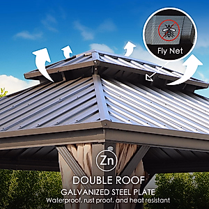 Kozyard Caesar 10'x12' Hardtop Gazebo - Permanent Metal Pavilion with Netting Shaded Curtains for Patio, Backyard, and Deck - Galvanized Steel Outdoor Aluminum Canopy, Double Roof Gazebo (Dark Brown)