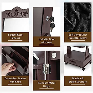 COSTWAY 6 LEDs Mirror Jewelry Cabinet with Wheels, Lockable Jewelry Storage Organizer w/Full-Length Mirror and 3 Adjustable Angles, Floor Standing Jewelry Armoire for Living Room Bedroom (Brown)