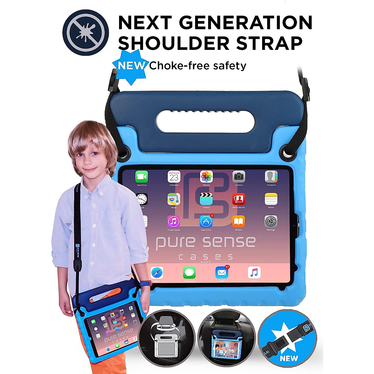 Pure Sense Buddy Antimicrobial Kids Case for iPad Pro 12.9-1st 2nd Gen 2015 2017 | Full Kit: Rugged Case Stand, Handle, Screen Protector, Strap and Spray