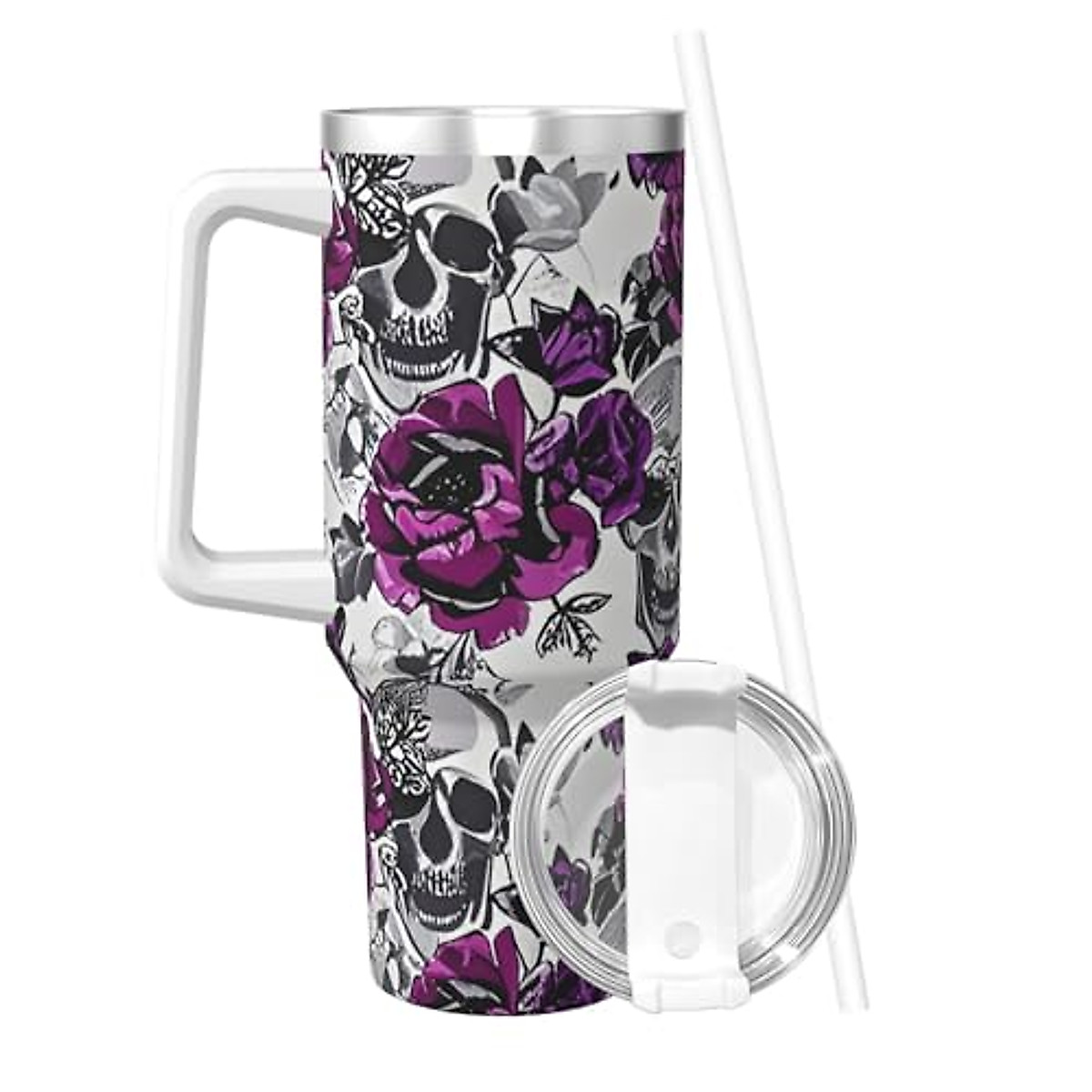 ZHSGNMHH Floral Skull 40oz Tumbler With Handle And Straw Stainless Steel Hot/Cold Travel Coffee Cup With Lid