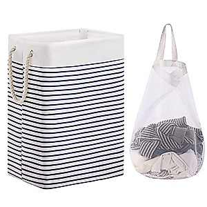 TECHMILLY 72L Large Laundry Hamper with Removable Bag, Collapsible Laundry Basket with Rope Handles, Dirty Clothes Hamper for Bedroom, Living Room, Clothes Toys Organizer, Blue Stripe