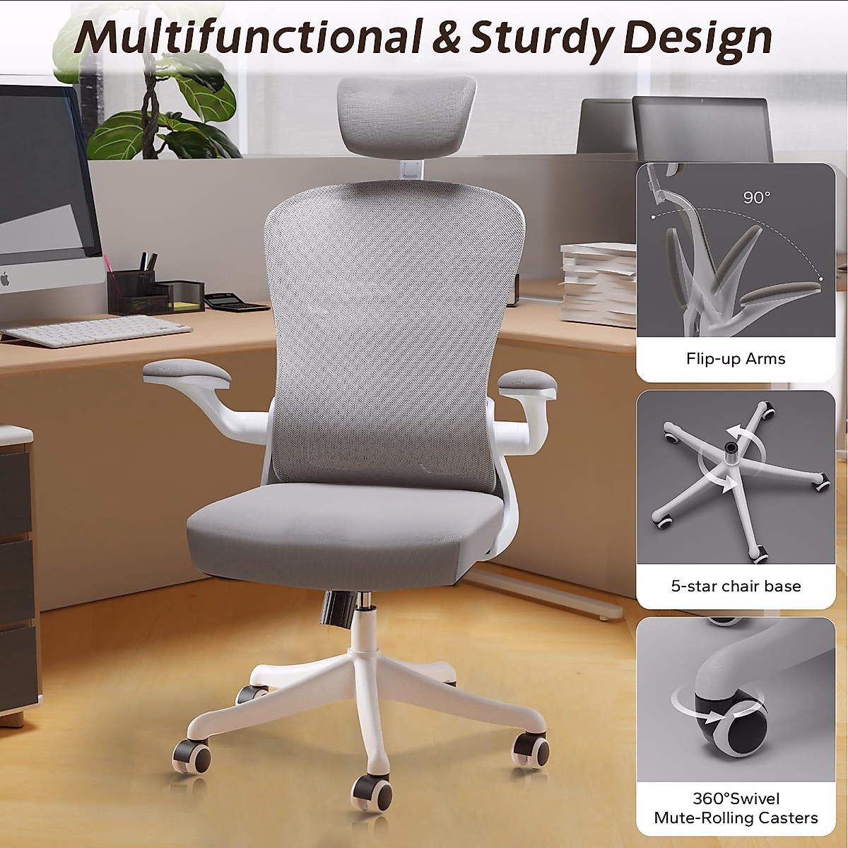 SICHY AGE Ergonomic Office Desk Chair, Home Mesh Office Desk Chairs with Wheels, High Back Office Chair with Flip-Armrest & Cushion for Lumbar Support, Office Chair for Study and Work, Gray