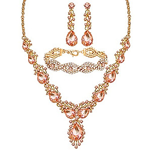 3 Pieces Wedding Bridal Rhinestone Crystal Jewelry Set Statement Necklace Bracelet Teardrop Dangle Earrings Set for Women Girls fit with Bridesmaid Wedding Party Prom Dress Jewelry Set
