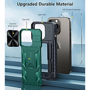 FNTCASE for iPhone 15 Pro Case: Military Grade Drop & Shock Protection Cell Phone Cover with Kickstand & Slide | Rugged Protective Bumper Textured | Heavy Duty Protector(Green)