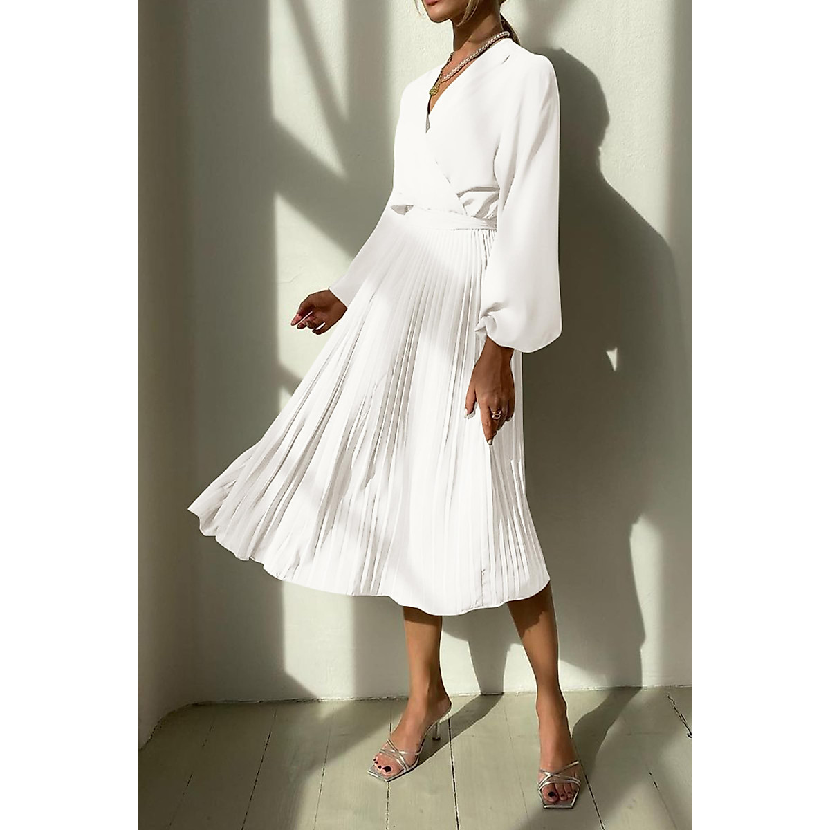 PRETTYGARDEN Women's Spring Midi Dress Long Puff Sleeve Wrap V Neck Flowy Ruffle Pleated Casual Fall Dresses (White,X-Large)