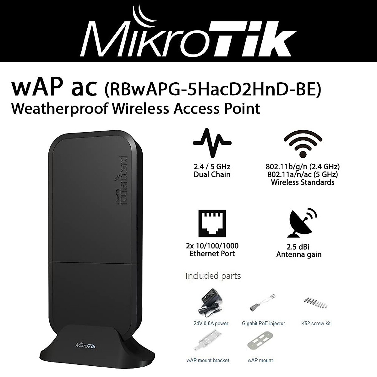 Mikro Tik Mikrotik wAP ac RBwAPG-5HacD2HnD-BE 2.4/5GHz Weatherproof Wireless Black AP 2X Gbit Ports