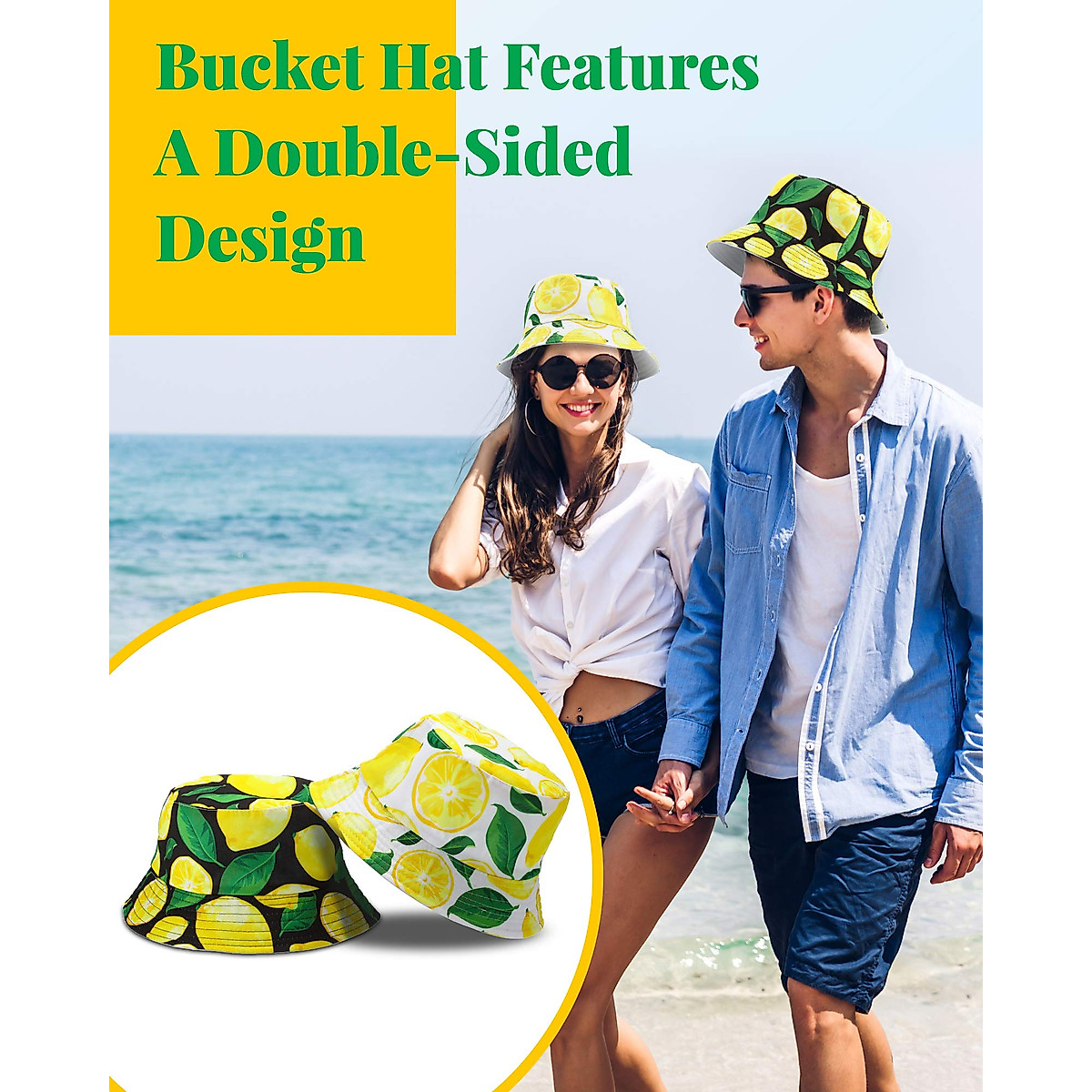Bennim 2 Pieces Unisex Lemon Pattern Bucket Hats Reversible Fisherman Cap for Casual Travel Beach,Black, White ,Uncertainly