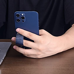 Hualing Metal Cell Phone Finger Ring Stability Holder Back Stand Collapsible Stainless Steel + Real Leather Hand Grip Universal for iPhone Samsung Galaxy Mobile (Blue), SSL