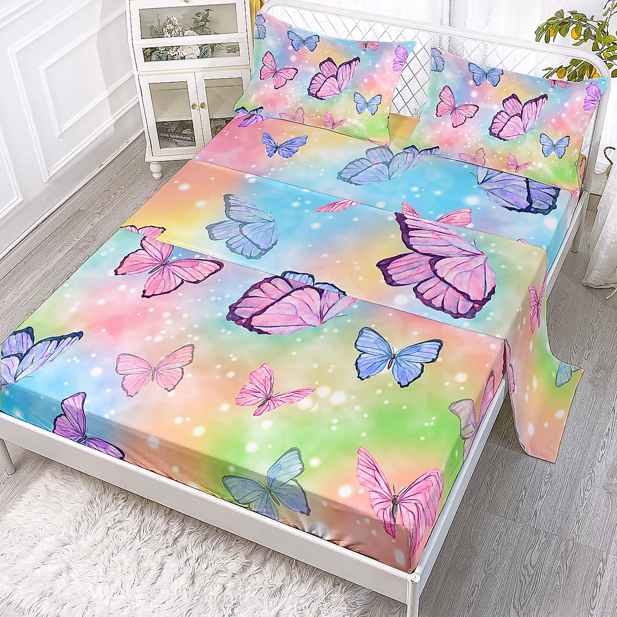 Datura home Bedding Fitted Sheet and Flat Sheet Set 4Pcs Colorful Rainbow Butterfly Printed Bedding Set with 1 Flat Sheet and 1 Fitted Sheet+2 Pillowcases for Girls (Rainbow Butterfly),Twin 67x97inch