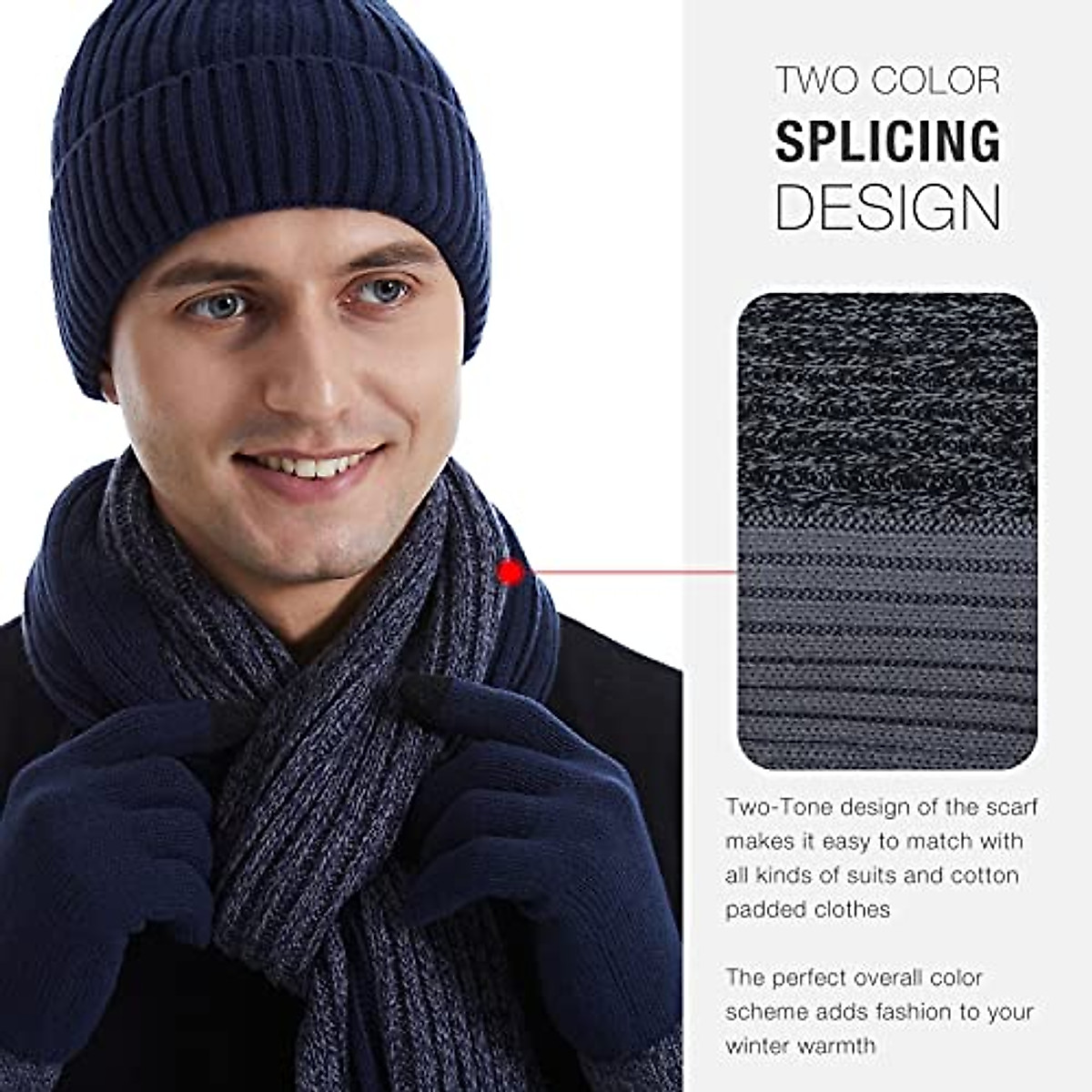 Winter Beanie Hats for Men 3 Pieces Warm Scarf Touchscreen Gloves Set Mens Fleece Lined Knit Cap for Cold Weather