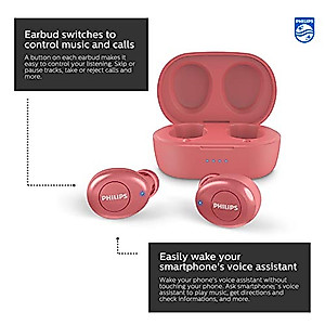 Philips T2205 In-ear True Wireless Headphones with IPX4 Splash Resistant, Super-small Portable Charging Case, Built-in Microphone, Up to 12 Hours (4+8) Playtime, Works with Voice Assistants, TAT2205RD