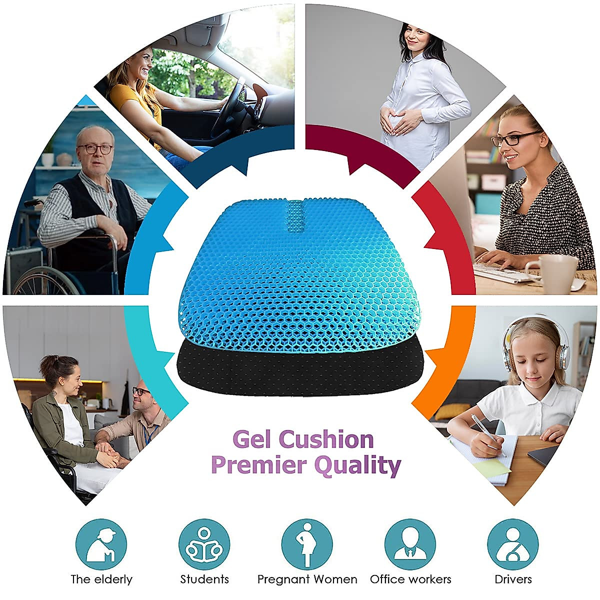 masteymoh Gel Seat Cushion for Long Sitting, Gel Cushions for Pressure Sores Relief, Double Thick Gel Cushion for Sitting, Seat Cushions for Office Chairs with Breathable Nonslip Cover