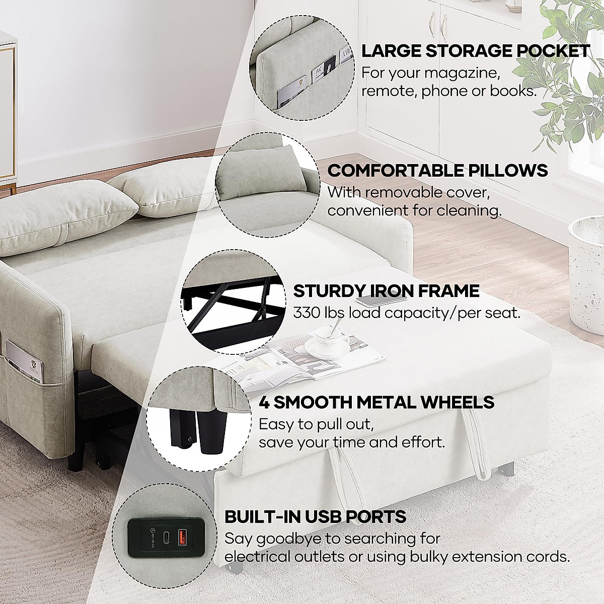 kejector Pull Out Sofa Bed Convertible Chair Bed Modern U Shaped Loveseat Sleeper Recliner Sofa Couch with Storage Pockets, Adjsutable Backrest, 2 Pillows, USB Ports for Living Room, Apartment, Office