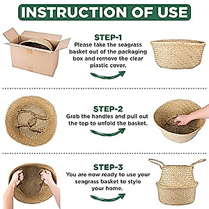 Blueming Home Decor Plant Baskets – Set of 2, Twin Pack Large Hand Woven Seagrass Rattan Belly Planter with Handles for Plant Pots, Home Decor, Organizer, Laundry (Original, 12 Inch x 10 Inch)