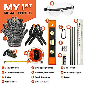 INCLY 18PCS Kid Hand Tool Set, Boy Builder's Tool Set with Real Hand Tools, Kids Tool Belt Waist 20"-32", Toddlers Learning Tool Kit Hammer Screwdriver Plier for Home DIY Woodworking Play