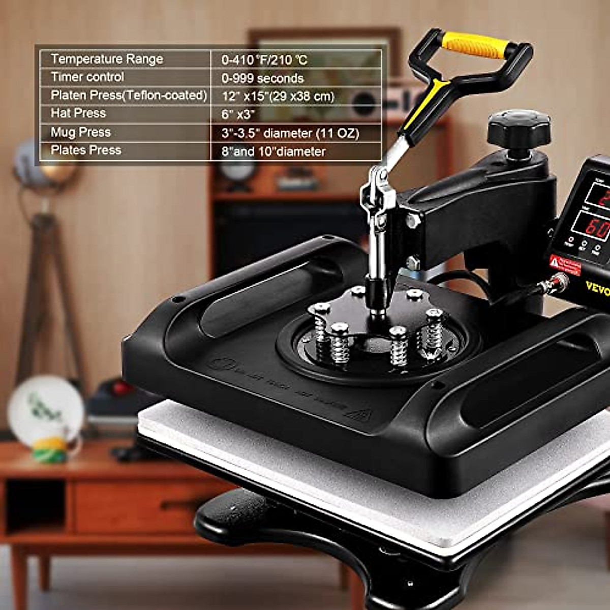 VEVOR Pro Heat Press Machine, 12 x 15 Inches, Fast Heating, 5 in 1 Combo 360 Swing Away Digital Sublimation T-Shirt Vinyl Transfer Printer with Anti-Scald Surface, Hat, Mug, Plate, ETL Listed, Black
