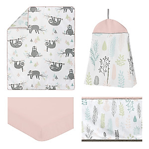 Sweet Jojo Designs Pink and Grey Jungle Sloth Leaf Baby Girl Nursery Crib Bedding Set - 4 pieces - Blush, Turquoise, Gray and Green Tropical Botanical Rainforest