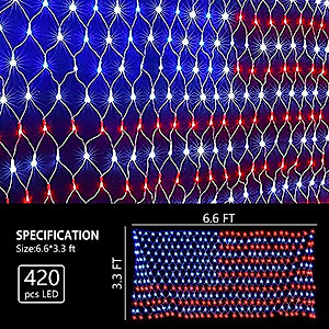 Solar American Flag Lights, Independence Day Decorations 2-in-1 Solar Powered & Plug in US Flag Lights 420 LED 8 Modes Waterproof Flag Lights for July 4th Independence Day, Garden, Yard Decorations