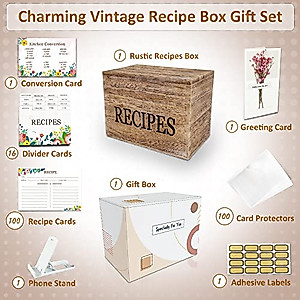 feasteery Recipe Box,Recipe Cards 100 Size 4x6 with 16 Divider,1 Conversion Card,100 Card Protectors,Rustic Wood Box Organizer Set,Cute Box for Housewarming Grandma Mom Wedding Bridal Shower