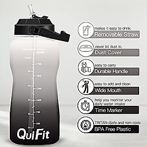 QuiFit Motivational Gallon Water Bottle - with Straw & Time Marker BPA Free 128/64 oz Large Water Jug Leak-Proof Durable for Fitness Outdoor Enthusiasts(Gray/Black Gradient, 64 oz)