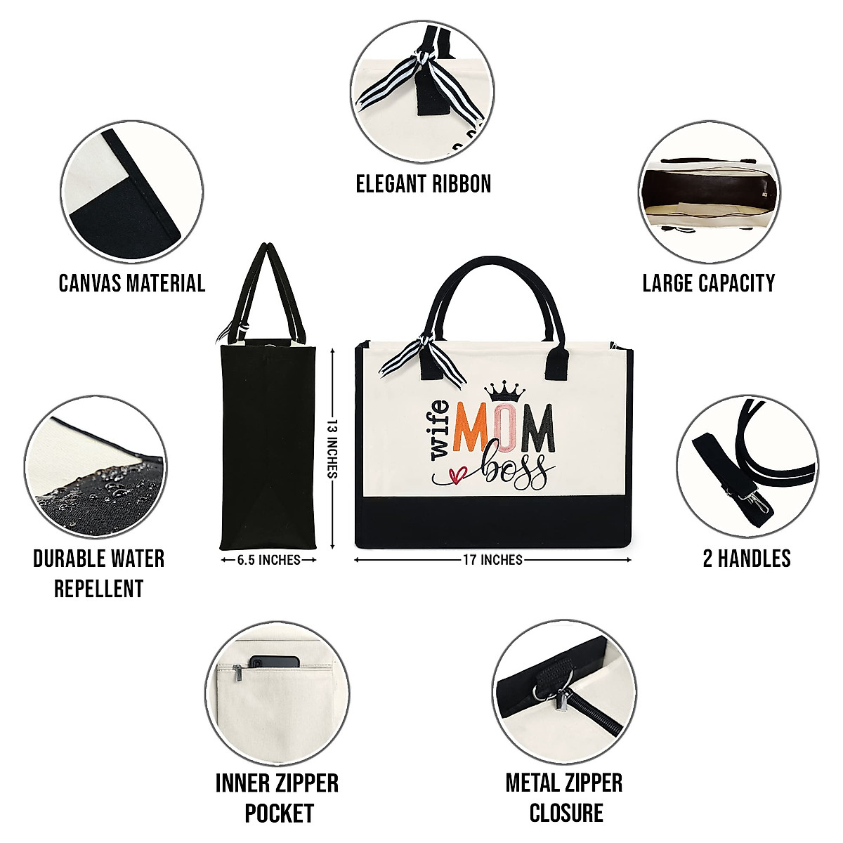 OASSIE Gifts For Mom, Women - Christmas, Mothers Day, Birthday, Valentines Day Gifts For Wife, Presents For Mom, Bonus Mom, Stepmom, New Mom Gifts - 13oz Canvas Tote Bag With Zipper For Women