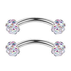 Ruifan 3PRS 16G 3/8" (10MM) Stainless Steel 3mm CZ/Gems/Ball Curved Barbell Eyebrow Tragus Lip Belly Ring Piercing Jewelry - Rainbow