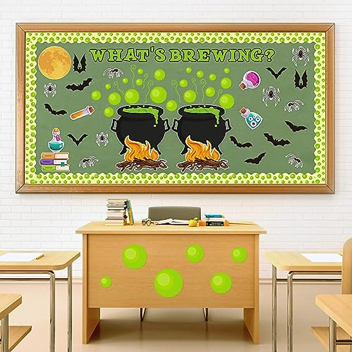 CPicdn 132Pcs Halloween Classroom Bulletin Board Decoration Set, Halloween Cauldron What’s Brewing Decoration Spider Bat Moon Cutouts Trick or Treat Party Supplies for School Classroom Home Wall Decor