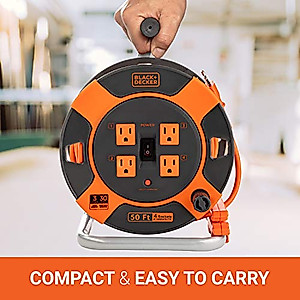BLACK+DECKER 50 Ft. Retractable Extension Cord Reel With 4 Outlets, Multi-Plug Extension, Easy Handle Rewind & Heavy-Duty 14AWG SJTW Cable