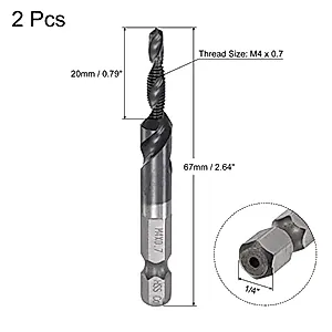 uxcell Combination Drill and Tap Bit, 1/4" Hex Shank M4 x 0.7 Metric TiAlN Coated M35 Cobalt High Speed Steel Spiral Flute Drilling Tapping Tool 2pcs