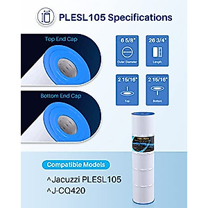 POOLPURE PLESL105 Pool Filter Replace OPT-420-4PK, Jacuzzi PLESL105, J-CQ420, QL105 Filter Cartridges 4PACK